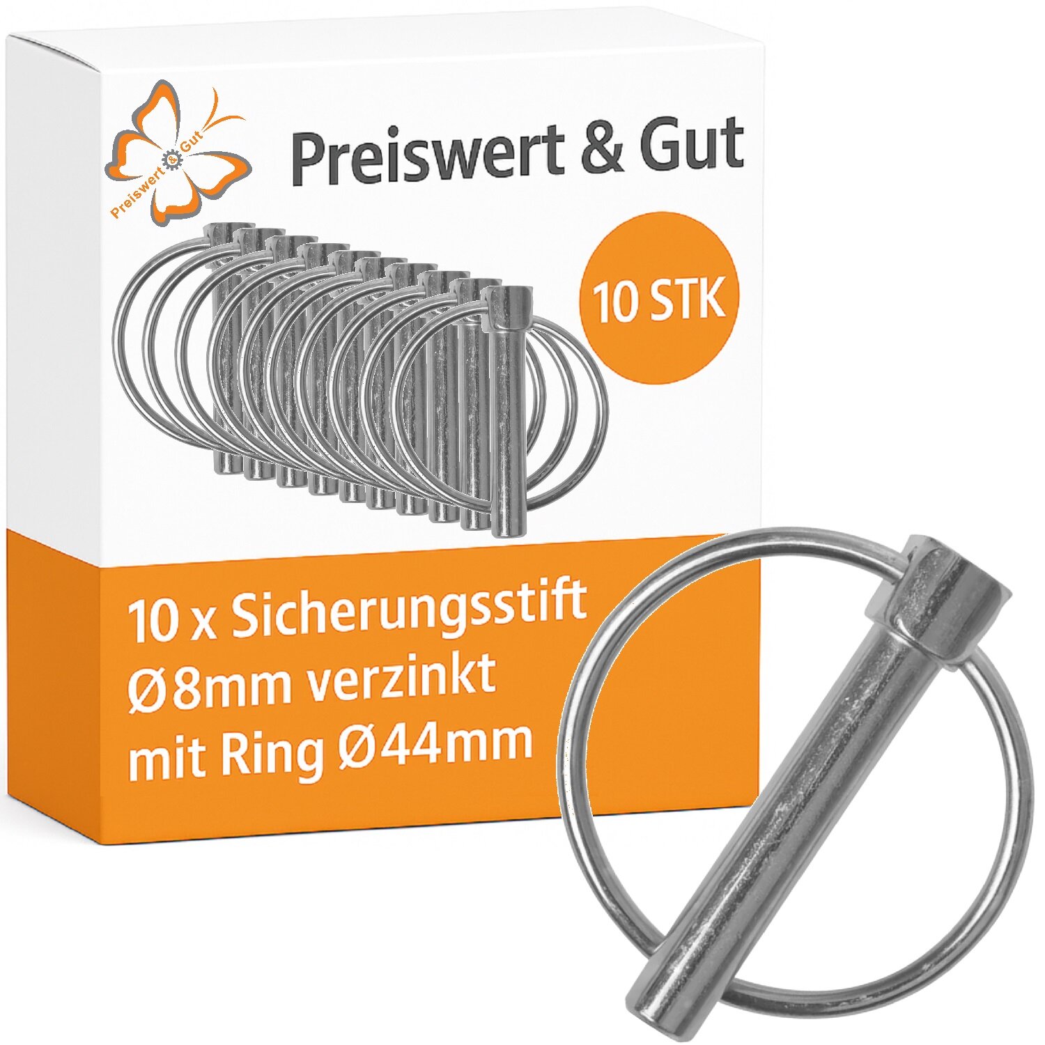 10x Sicherungsstift Ø8mm verzinkt Steckbolzen mit Ring Ø44mm Silber ...